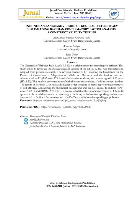 Pdf Indonesian Language Version Of General Self Efficacy Scale 12 Using Bayesian Confirmatory