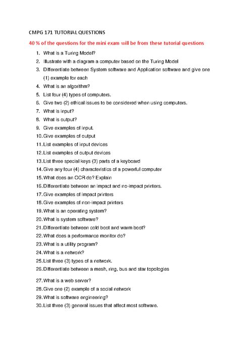 CMPG 171 Tutorial Questions 2024 CMPG 171 TUTORIAL QUESTIONS 4 0 Of The Questions For The