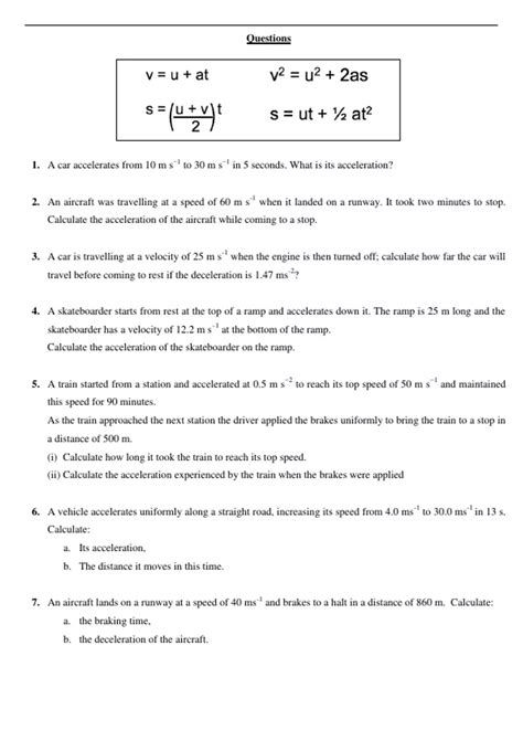 SUVAT Physics Problem Set Kinematics And Motion Physics Stuvia US