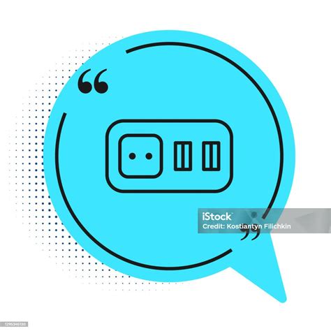 흰색 배경에 격리 된 검은 줄 전기 콘센트 아이콘 전원 소켓 로제트 기호 파란색 음성 버블 기호입니다 벡터 개념에 대한 스톡