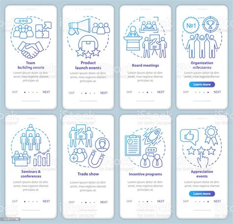 선형 개념으로 모바일 앱 페이지 화면을 온보딩하는 기업 이벤트 관리 회사 특별 이벤트 플래너 연습 단계 그래픽 지침입니다 Ux Ui 그림이 있는 Gui 벡터 템플릿 4에