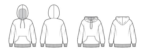 긴 소매 오버사이즈 바디 캥거루 파우치 밴드 옷자락이 있는 후드 스웨트셔츠 테크니컬 패션 일러스트레이션 세트 0명에 대한 스톡