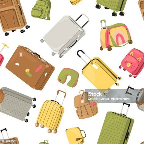 여행 용품의 원활한 패턴 성인과 어린이를 위한 다양한 모양과 색상의 여행 가방 비행기 베개와 모자 가방과 배낭 종이 또는 직물에 대한 벡터 그림입니다 가방에 대한 스톡 벡터