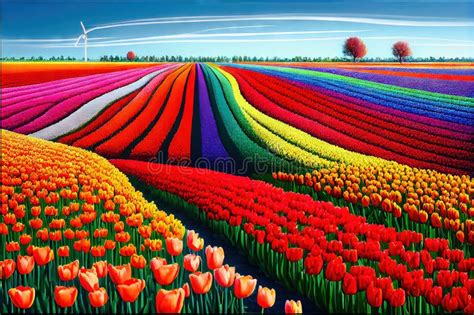 Bands Of Planted Multi Colored Tulips In The Colors Of The Rainbow Stretching Into The Endless