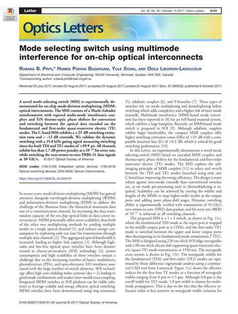 Pdf Mode Selecting Switch Using Multimode Interference For On Chip