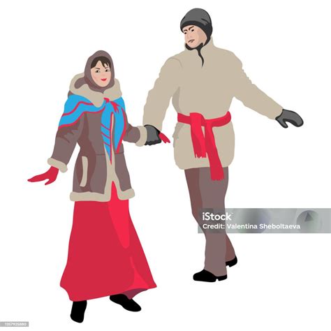 겨울 옷을 입은 어린 소녀와 남자의 벡터 플랫 만화 일러스트 짧은 모피 코트 긴 치마 목도리 빨간 띠를 가진 남자의 겨울을 보고 민속 러시아어 의상 2명에 대한 스톡 벡터