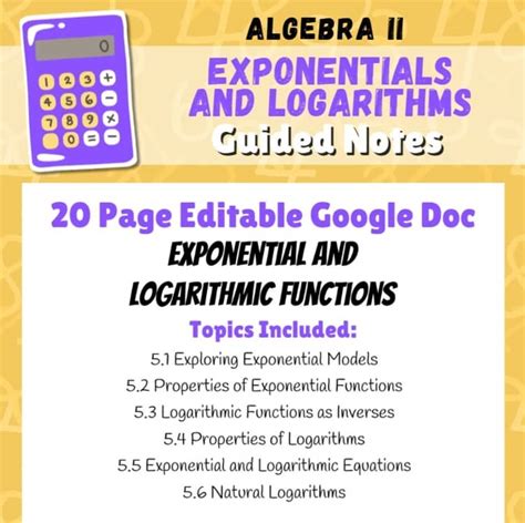 Exponential And Logarithmic Functions Algebra Ii Editable Notes Lessons