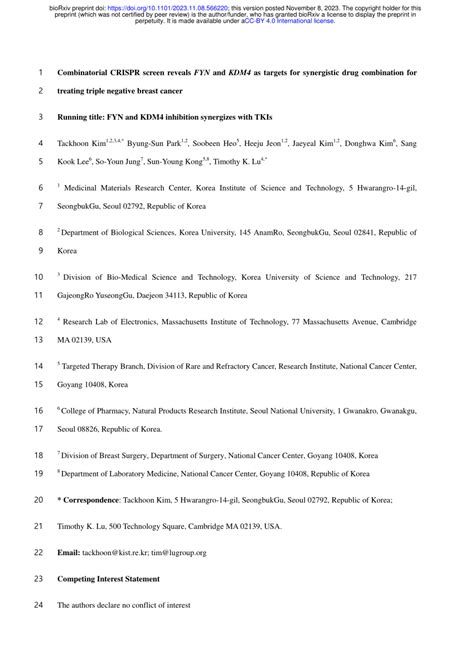 Pdf Combinatorial Crispr Screen Reveals Fyn And Kdm4 As Targets For Synergistic Drug
