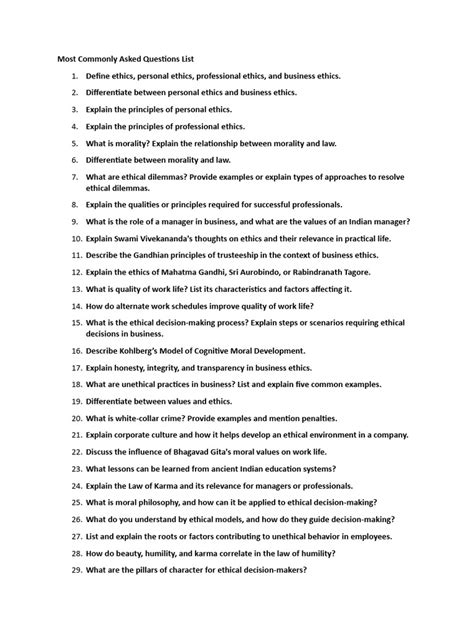 Most Commonly Asked Questions List Pdf Business Ethics Morality