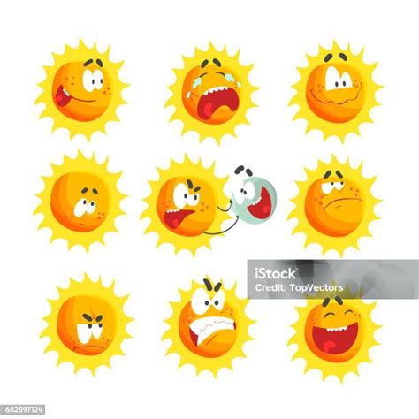 귀여운 만화 태양 다양한 이모티콘 감정적인 얼굴 세트 의 다채로운 문자 벡터 일러스트 귀여운에 대한 스톡 벡터 아트 및 기타 이미지 귀여운 날씨 노랑 Istock