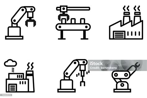 Iot 및 자동화 로봇 기술 솔루션 아이콘 세트와 스마트 사실 로봇 팔 아이콘 제품 컨베이어 캐리 및 장비와 함께 사용 개념에 대한 스톡 벡터 아트 및 기타 이미지 Istock