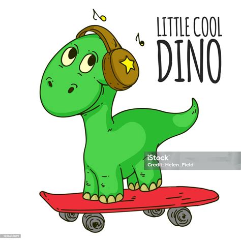 멋진 공룡 디노 음악을 듣고 어린이용 만화 마스코트 어린이 의류 티셔츠 디자인의 패셔너블한 일러스트 0명에 대한 스톡 벡터 아트