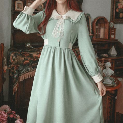 참견 미도리 세일러 카라 배색 롱 원피스 Op0286 위시버킷