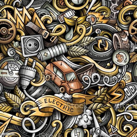 귀여운 만화 한다면 손으로 그린된 전기 자동차 완벽 한 패턴 3차원 형태에 대한 스톡 벡터 아트 및 기타 이미지 3차원 형태 건강한 생활방식 낙서 드로잉 Istock