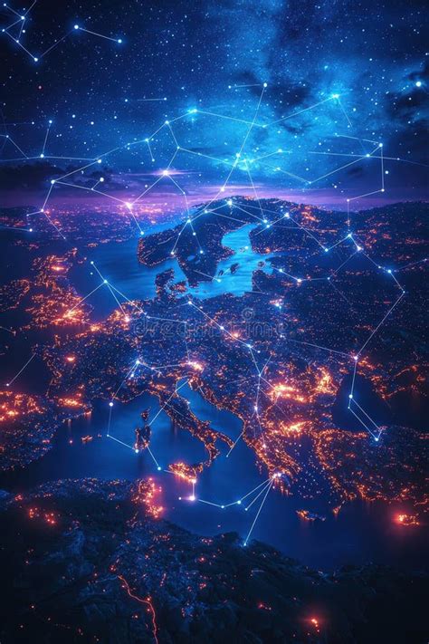 Abstract Visualization Of Europe S Digital Connections With Glowing Network Lines Stock Image