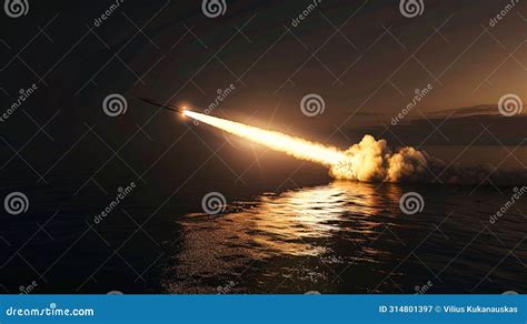 Cruise Missile Flight At Twilight Over Ocean Missile In Night Sky Over Cruise Missile Flight At Twilight Over Ocean Missile In Night Sky Over