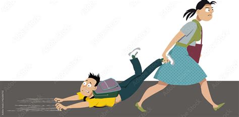 Back To School Struggle Mother Dragging An Anxious Kid To School EPS