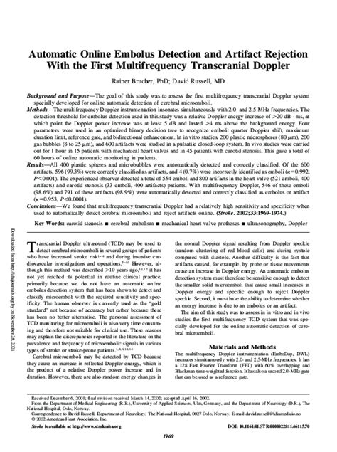 Pdf Automatic Online Embolus Detection And Artifact Rejection With The First Multifrequency