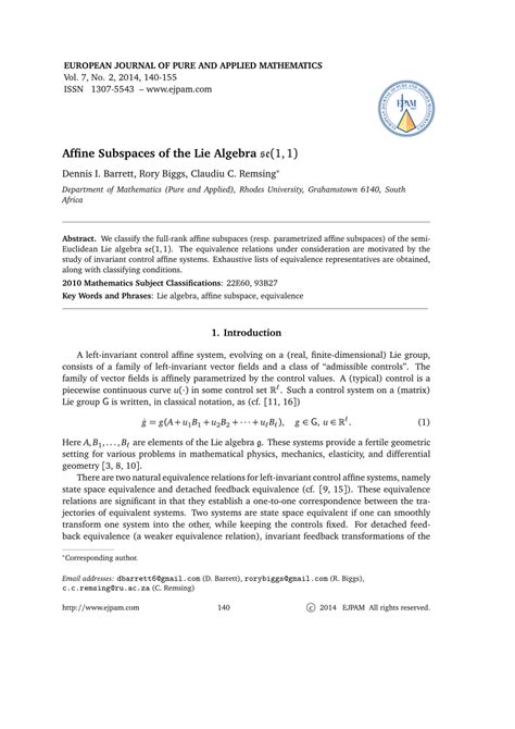 pdf affine subspaces of the lie algebra se 1 1