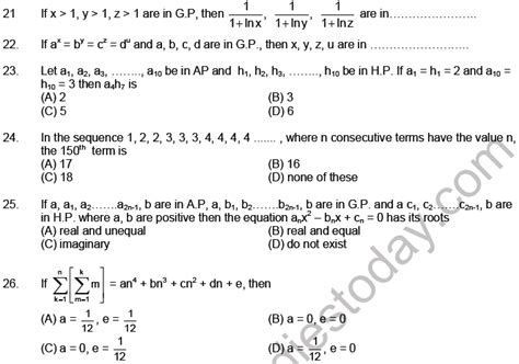 Jee Mathematics Sequence And Series Mcqs Set A With Answers