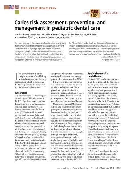 Pdf Pediatric Dental Care Prevention And Management Protocols Based On Caries Risk Assessment