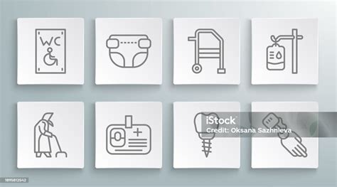 할머니 성인용 기저귀 신분증 배지 치과 임플란트 의족 손 보행기 Iv 가방 및 장애인 분리 화장실 아이콘을 설정합니다 벡터 가방에 대한 스톡 벡터 아트 및 기타 이미지