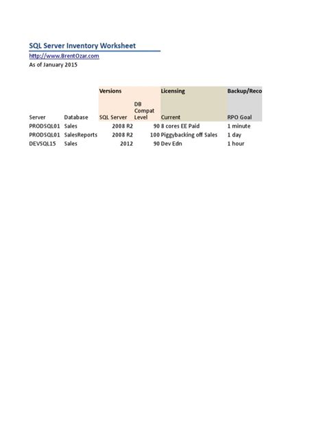 Worksheet Sample Sql Server Inventory Pdf Computing Platforms