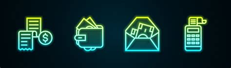 라인 종이 또는 금융 수표 돈이 든 지갑 봉투 달러 기호 및 금전 등록기를 설정합니다 빛나는 네온 아이콘입니다 벡터 가격에 대한