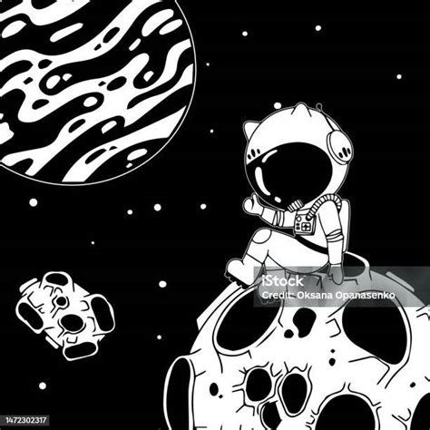 열린 공간에서 우주 비행사 Ufo 우주선 로켓 태양계 은하계 여행 은하 행성 소행성 혜성 별똥별 흑백 그림입니다 벡터 과학에