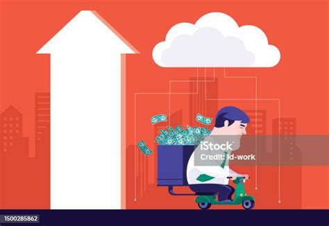 스쿠터를 탄 사업가가 지폐 상자를 들고 화살표 출입구를 떠나고 있다 개념에 대한 스톡 벡터 아트 및 기타 이미지 개념 계획 교통수단 Istock