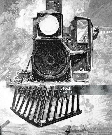 눈 속에서 이동 중인 증기 기관차 정면도 창밖을 내다보는 기관차 운전사 1890 1899 년에 대한 스톡 벡터 아트 및 기타