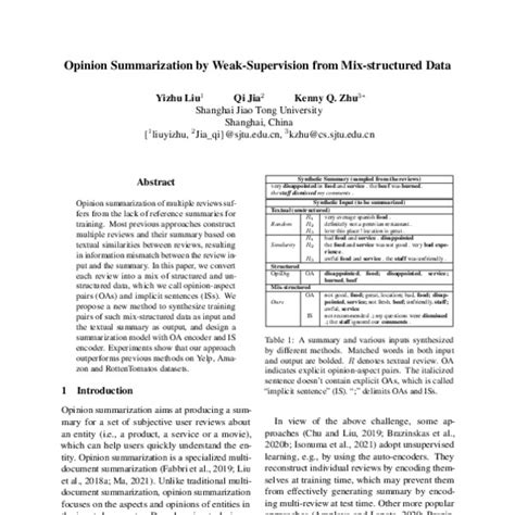 Opinion Summarization By Weak Supervision From Mix Structured Data Acl Anthology