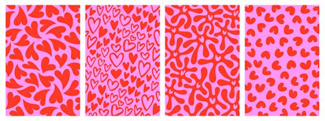 발렌타인 데이 하트 벡터 유행 현대 핑크 레드 배경 세트 번들 다양한 패턴 유체 액체 둥글게 낙서 손으로 그린 하트 모양 얼룩 얼룩 인사말 카드 템플릿 모음입니다 귀여운에