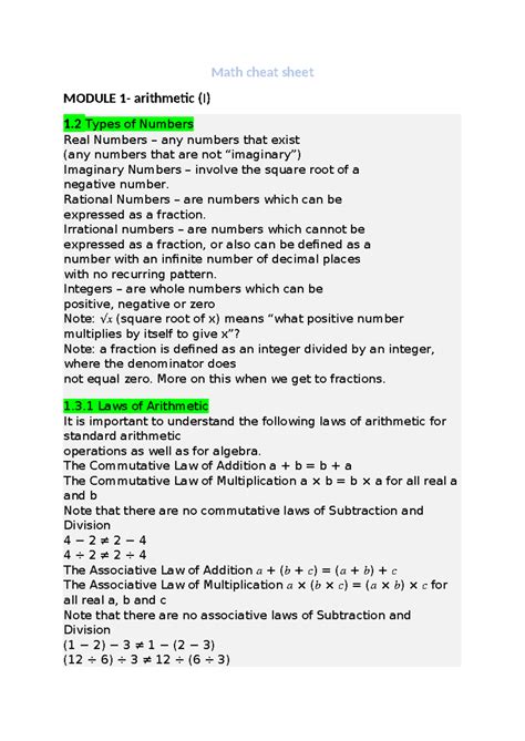 Math Cheat Sheet Math Cheat Sheet Module 1 Arithmetic I 1 Types Of
