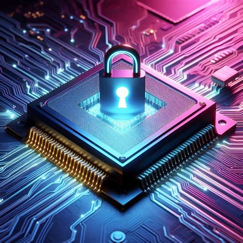 Computer Digital Circuit Board Padlock Neon Lighting Line Security Concept Shield Lock Stock