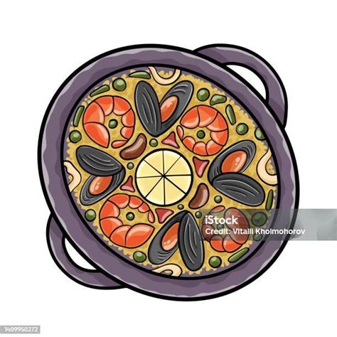 리아 전통적인 스페인 음식 홍합 왕새우 랑구스틴 및 오징어가있는 프라이팬에있는 해산물 빠에야 0명에 대한 스톡 벡터 아트 및