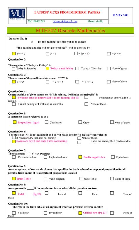 MTH Midterm MCQS Solved With References By Moaaz LATSEST MCQS FROM MIDTERM PAPERS