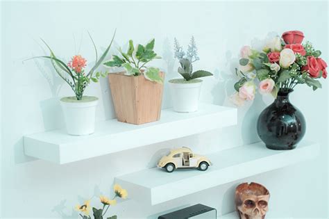 아름다운 식물 알람 시계 장난감 자동차 책이 있는 나무 선반이 밝은 벽에 있습니다 0명에 대한 스톡 사진 및 기타 이미지 0명 가구 가정용 장비 Istock