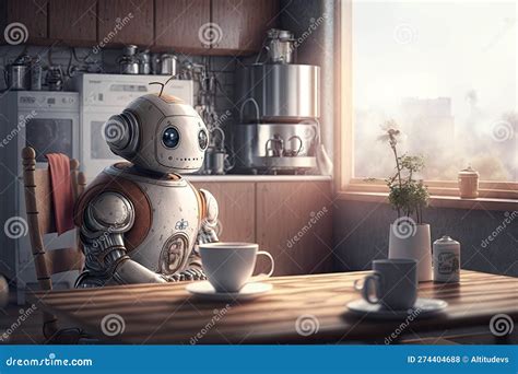 Cute Robot Assistant Preparing A Cup Of Tea With View Of Cozy Living Room In The Background