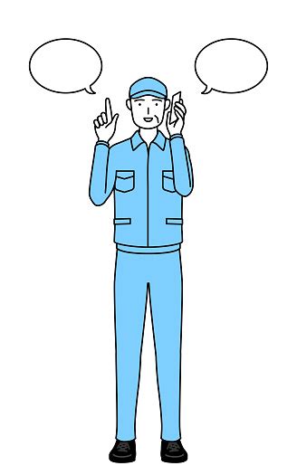 모자를 쓰고 작업복을 입은 노인이 전화를 하는 동안 가리키고 있다 가리키기에 대한 스톡 벡터 아트 및 기타 이미지 가리키기