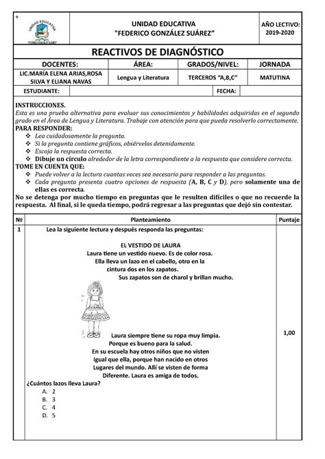 Pruebas De Diagnostico 3ero Todas Las Areas Unidad Educativa