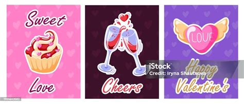 해피 발렌타인 데이 사랑 데이 포스터 플랫 스타일로 설정 컵케이크 날개가 달린 하트 와인 스플래시 잔 2개 벡터 일러스트 레이 션은 흰색 배경에 고립되어 있습니다 축하에