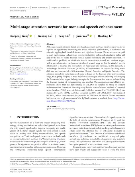 Pdf Multi‐stage Attention Network For Monaural Speech Enhancement