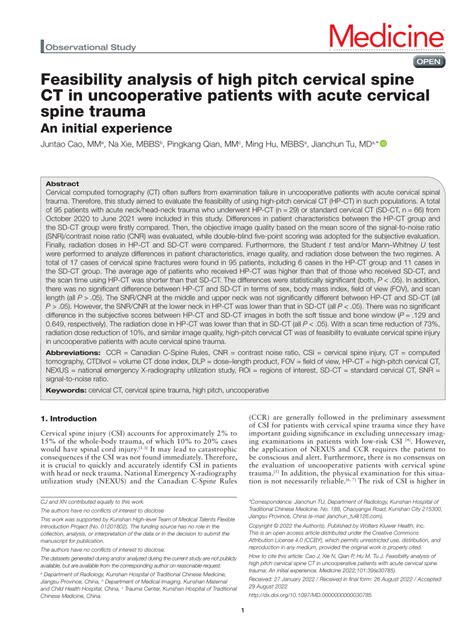 Pdf Feasibility Analysis Of High Pitch Cervical Spine Ct In Uncooperative Patients With Acute