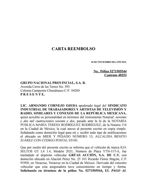 Carta Reembolso Carta Reembolso 06 De Noviembre Del AÑo 2023 No