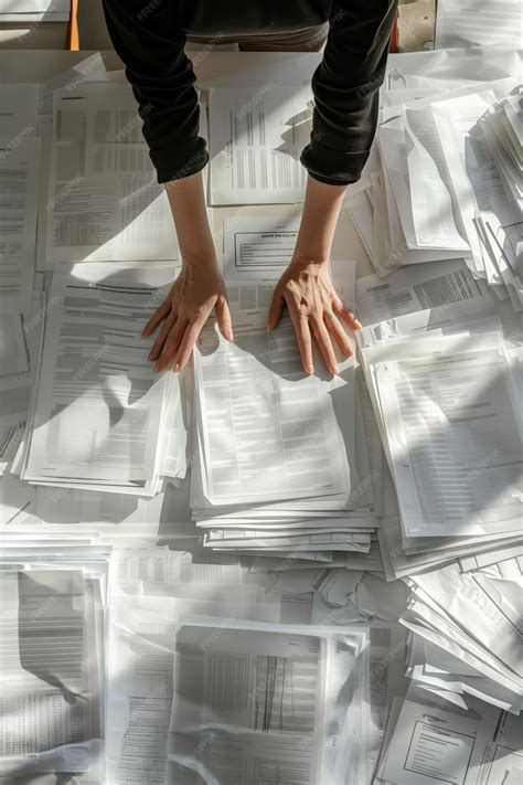 Premium Photo Sorting Cluttered Documents In Bright Workspace