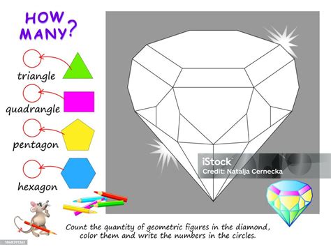 수학에 대한 어린이를 위한 교육 페이지 다이아몬드로 된 기하학적 도형의 양을 세고 색칠하고 숫자를 씁니다 어린이 수학 학교 교과서를 위한 인쇄 가능한 워크시트 아기 색칠