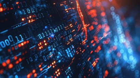 Digital Binary Code Cascading On Screen With Glowing Blue And Red