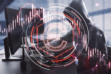 Side View Of Hacker At Desktop Using Laptop With Downward Red Euro