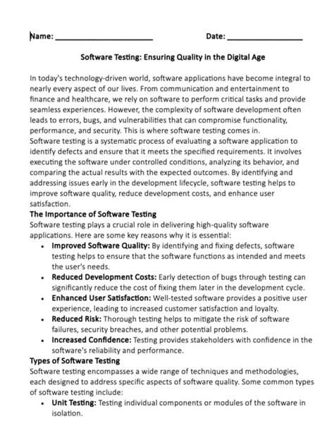Software Testing In Computing Computer Worksheet 100 Editable